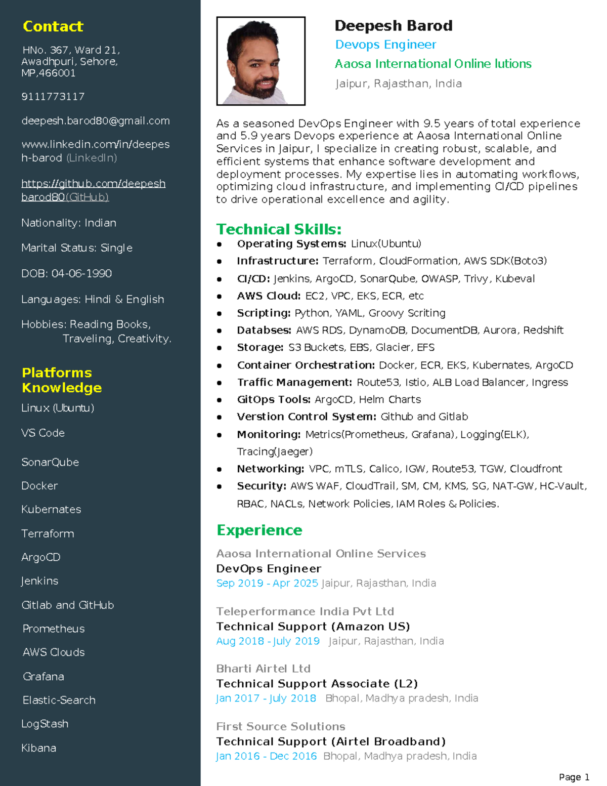 Deepesh Barod's Resume - DevOps Engineer (03-06-2025) - Studocu