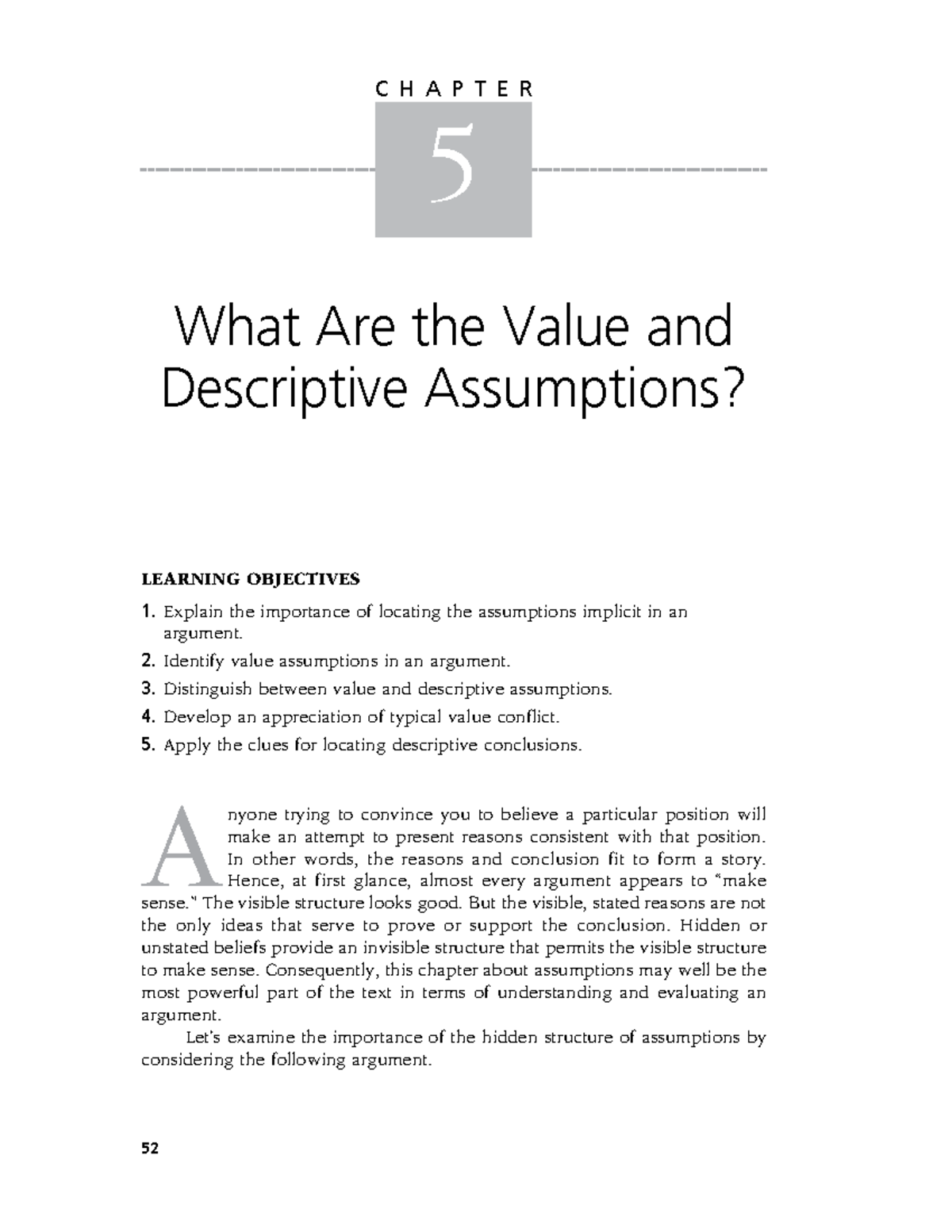 Critical Thinking Analysis: Value & Descriptive Assumptions (Chapter 5 ...