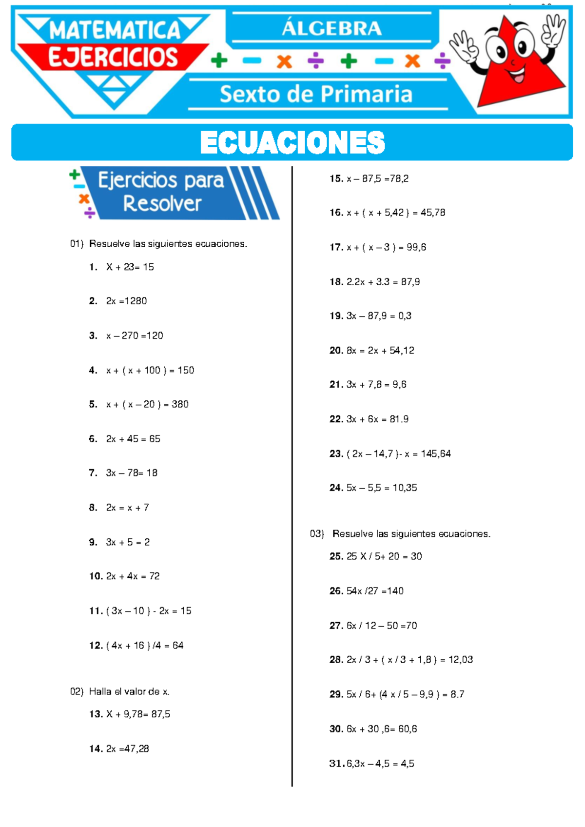 Ejercicios de Ecuaciones para Sexto Grado de Primaria - Studocu