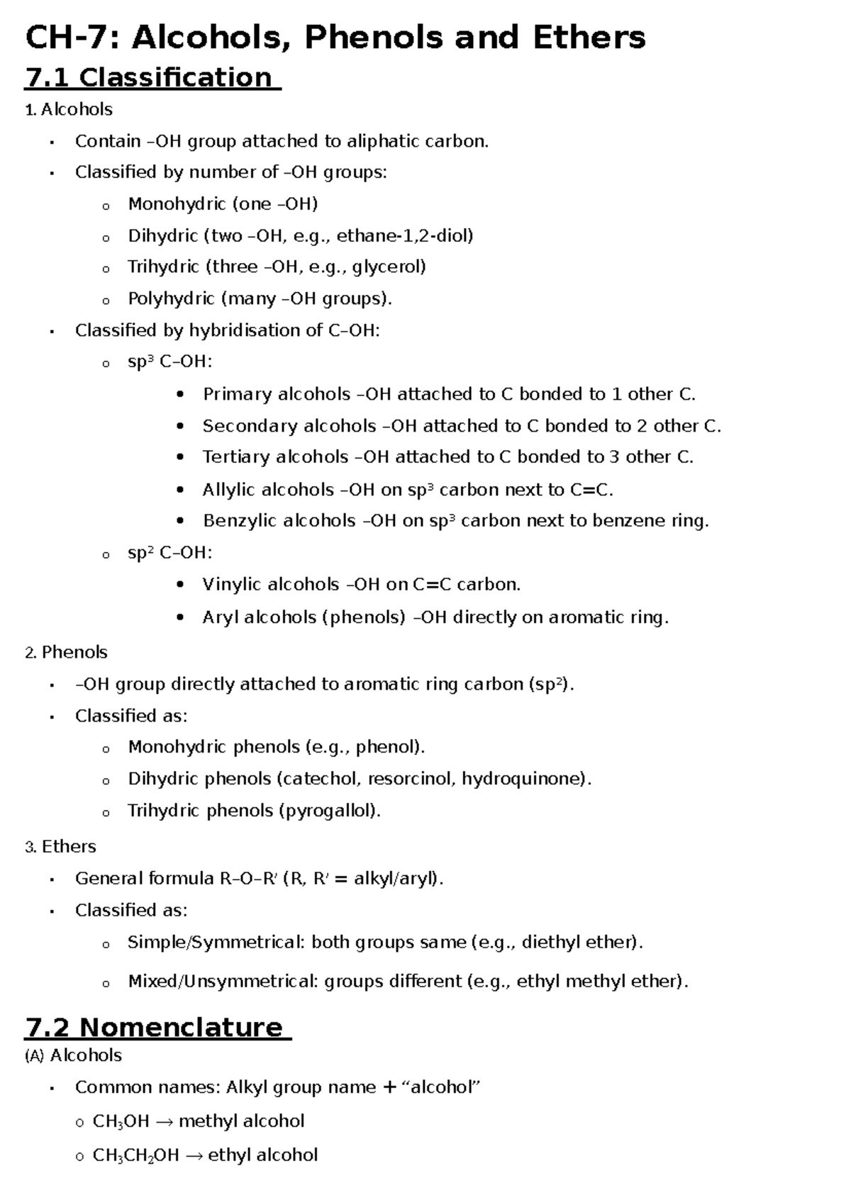 Alcohols, Phenols, and Ethers: Classification and Nomenclature Notes ...