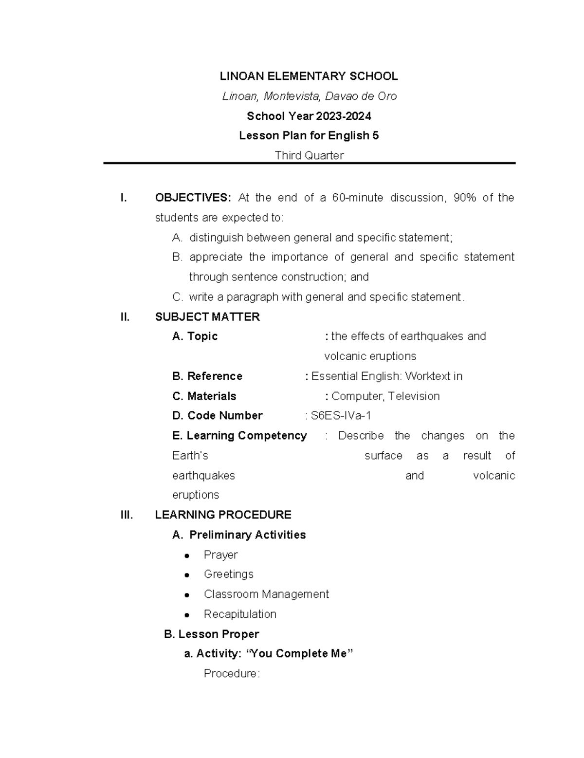 General and Specific Statement - LINOAN ELEMENTARY SCHOOL Linoan ...