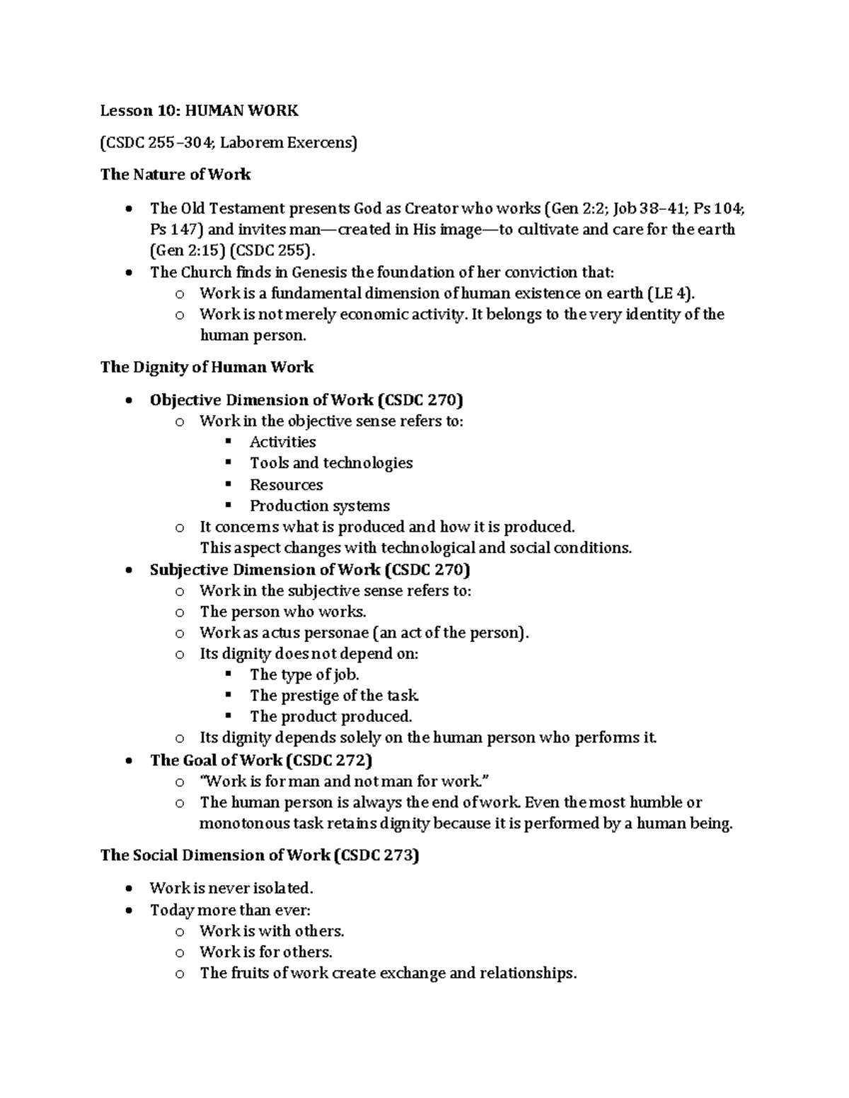 Lesson 10: The Nature of Work in CSDC (CSDC Laborem Exercens) - Studocu