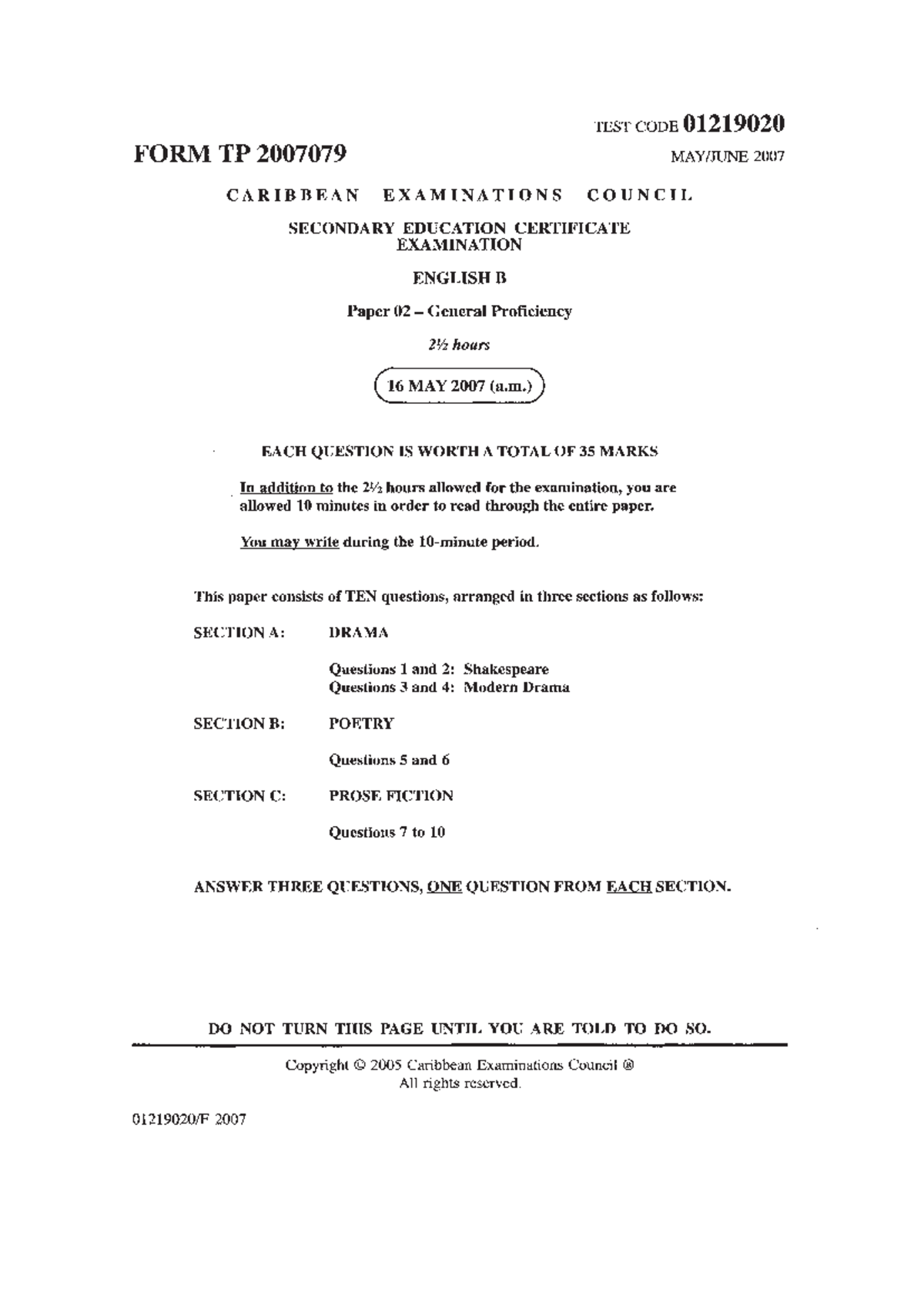 CSEC English B Paper 2 2007 - Comprehensive Exam Guide - Studocu