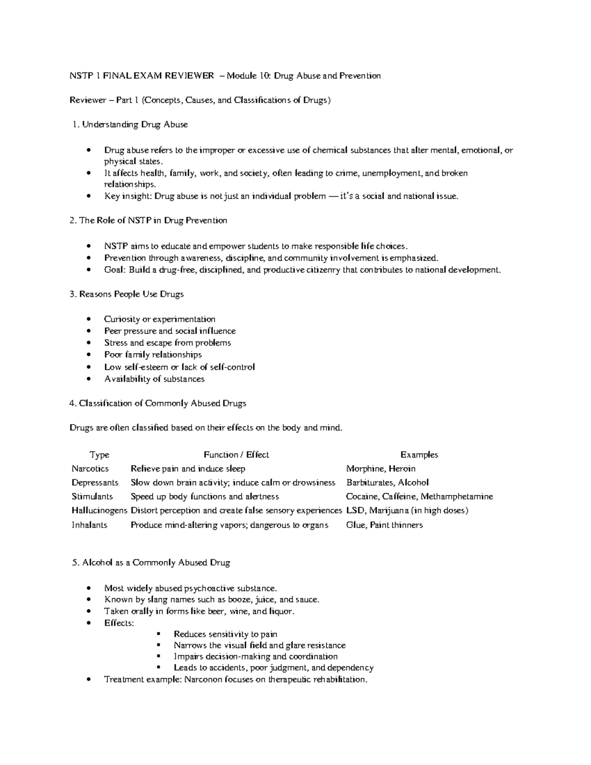 NSTP 1 FINAL EXAM REVIEWER: Drug Abuse, Environmental Protection, and ...