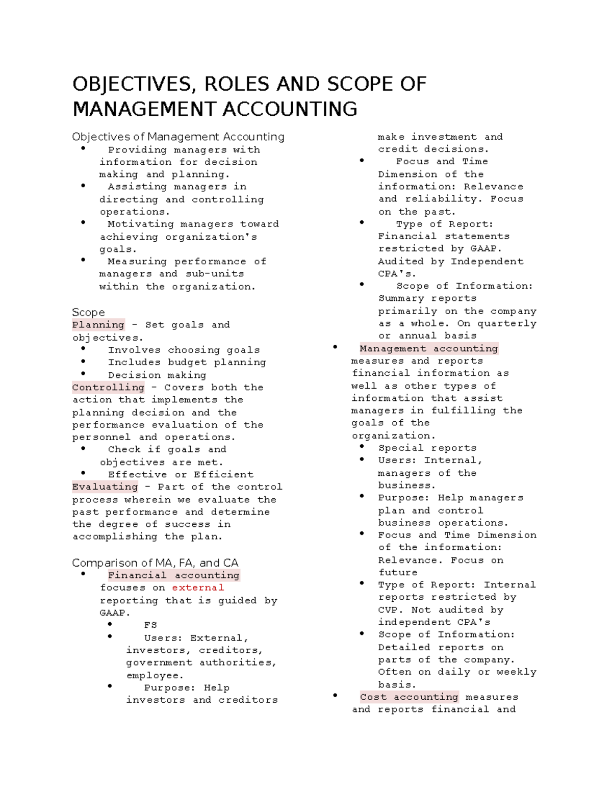 Management Accounting: Objectives, Roles, CVP Analysis & Costing (ACCT ...