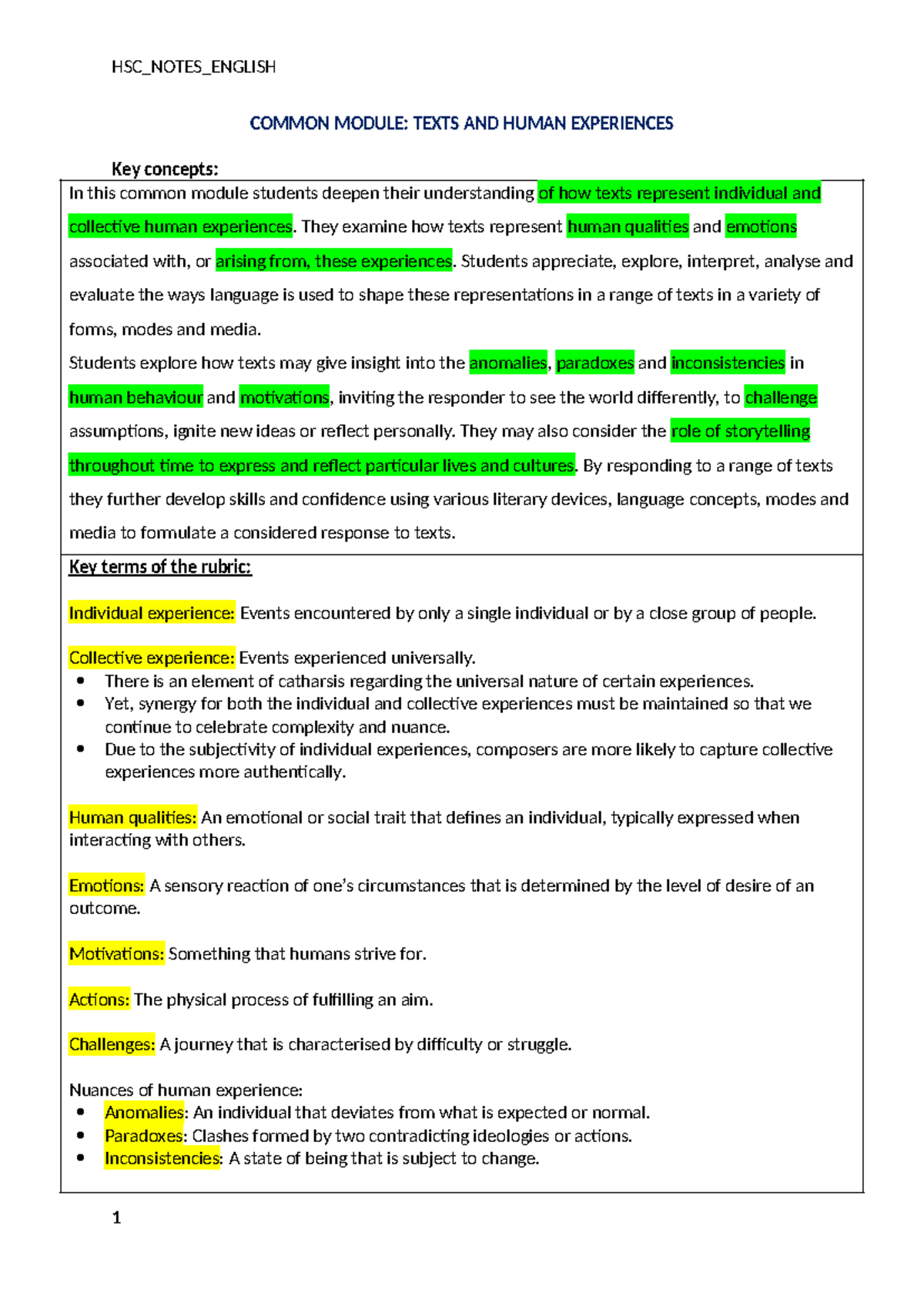 HSC NOTES: ENGLISH COMMON MODULE - TEXTS & HUMAN EXPERIENCES - Studocu