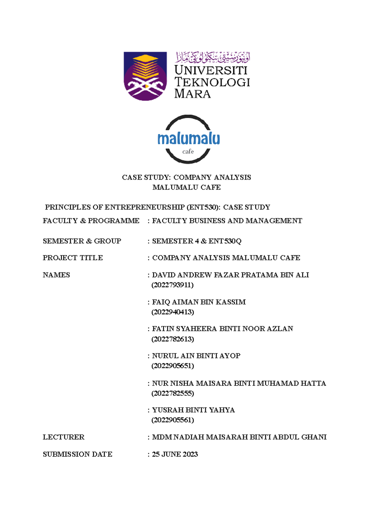 ENT530 Malumalu CAFE - CASE STUDY: COMPANY ANALYSIS MALUMALU CAFE ...