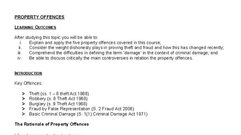 Criminal Law - Property Offences Overview (2021/22) - Studocu