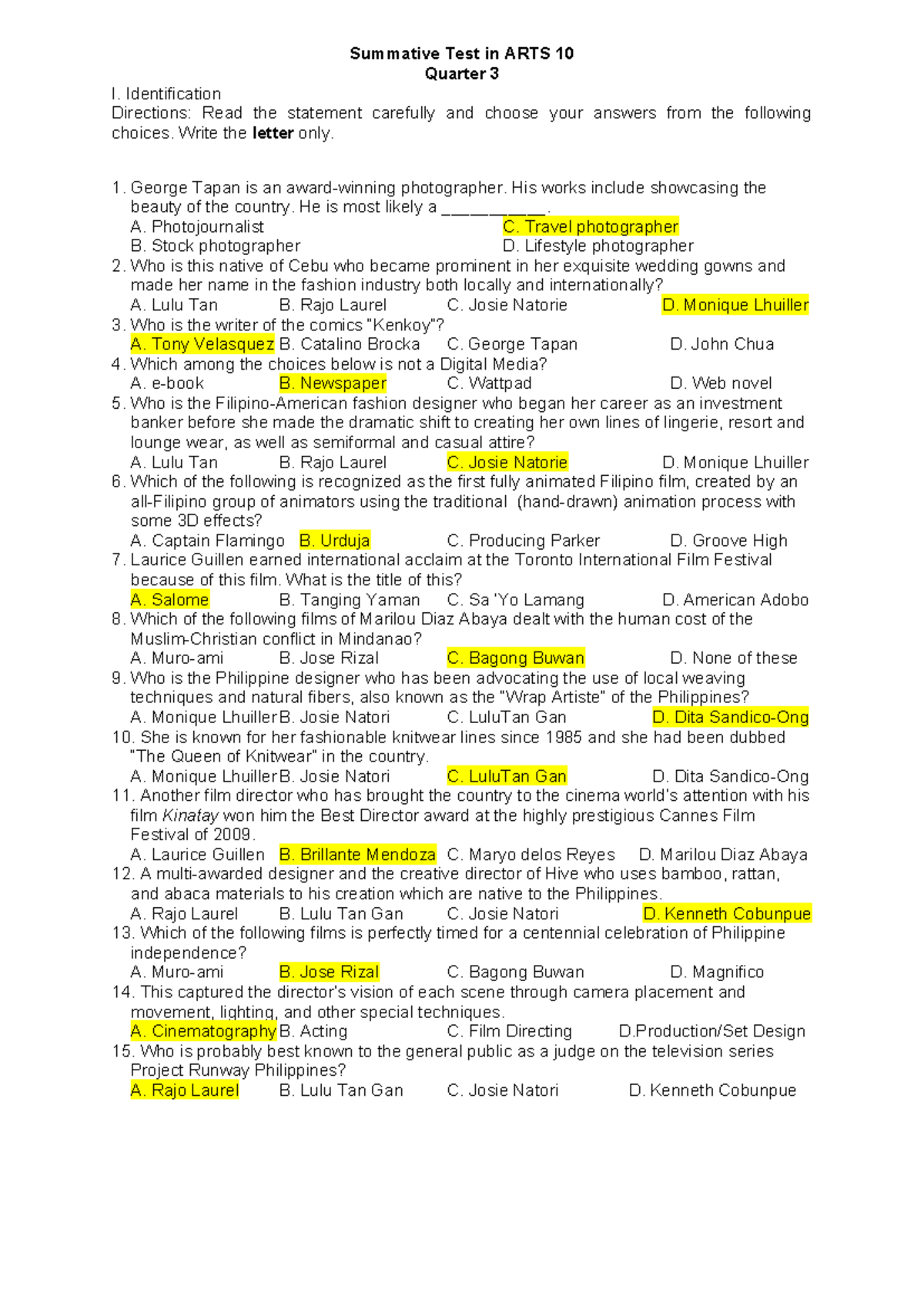 Summative Test in ARTS 10: Quarter 3 Identification Questions - Studocu
