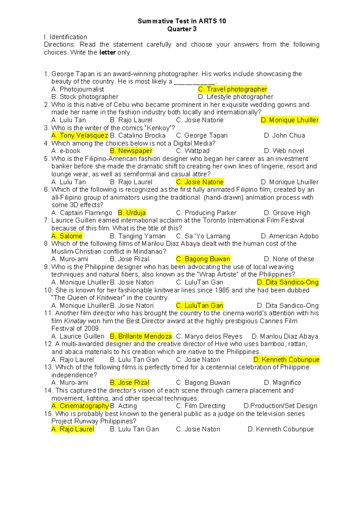 Summative Test in MUSIC 10: Quarter 3 Identification Questions - Studocu