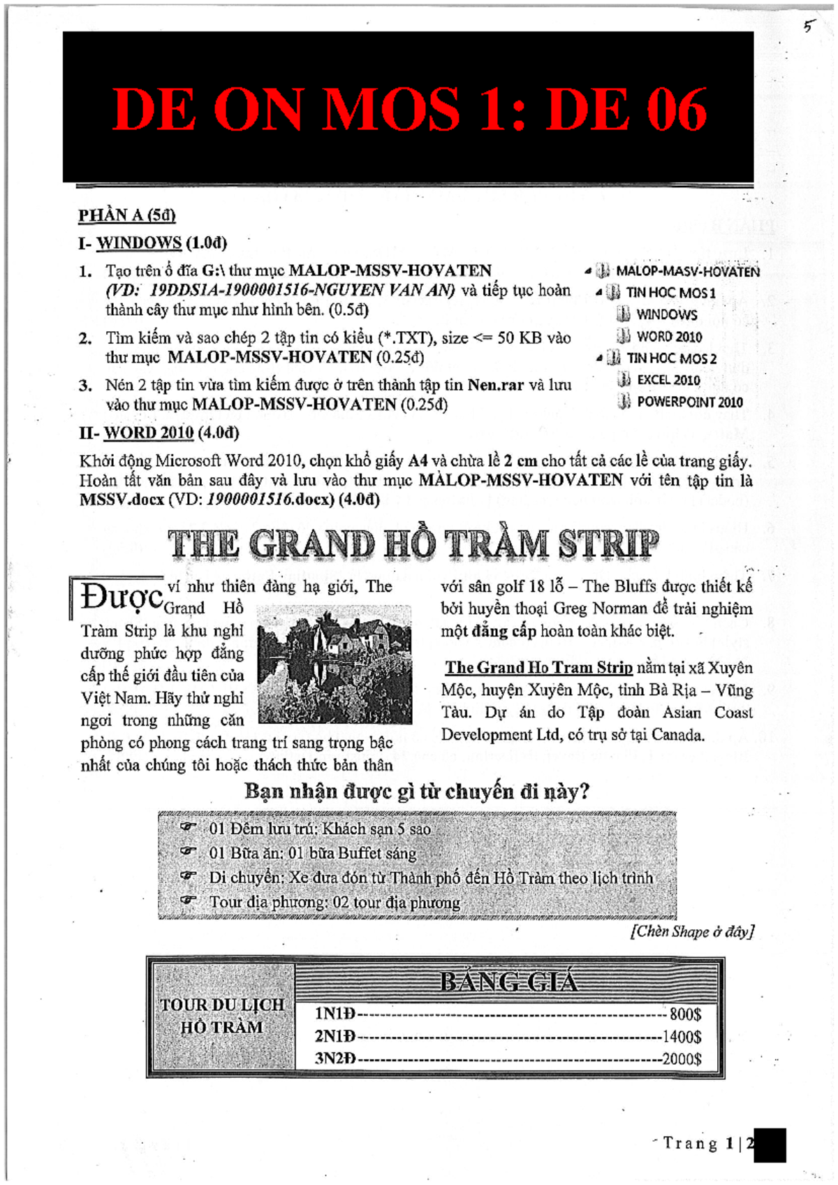 Mos1 06 - Bài ôn mos word - Tin học MOS 1 - DE ON MOS 1: DE - Studocu