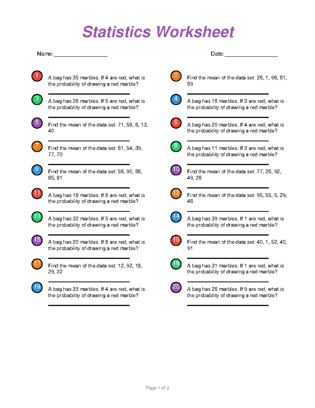 Statistics Worksheet 2: Probability & Mean Calculations - Studocu