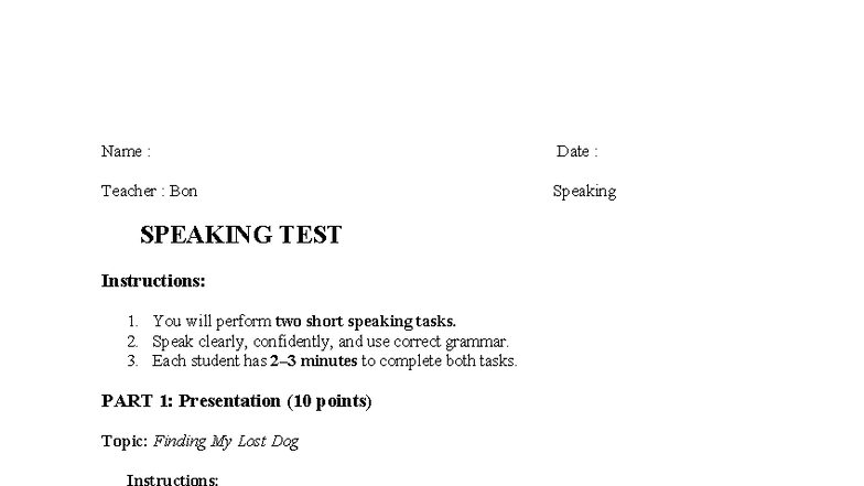 Speaking & Writing Test Instructions (Course Code: SPEAK) - Studocu
