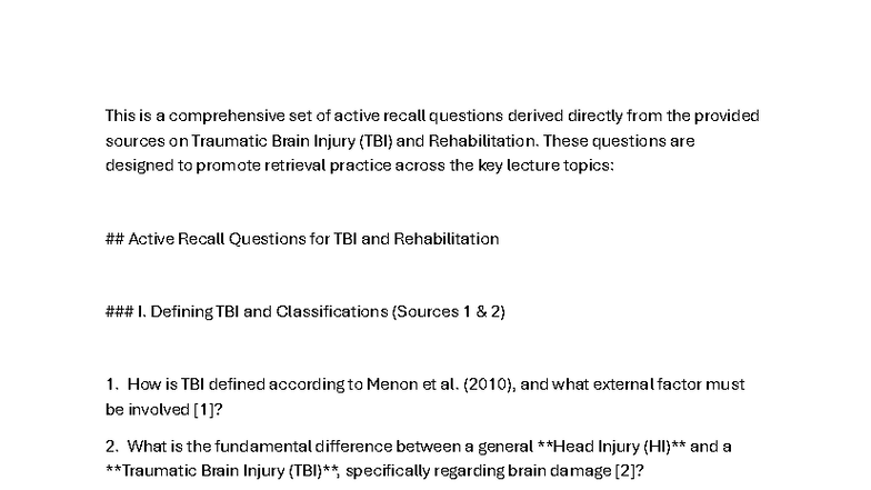Active Recall Questions for TBI & Rehabilitation - Chapter Lecture ...