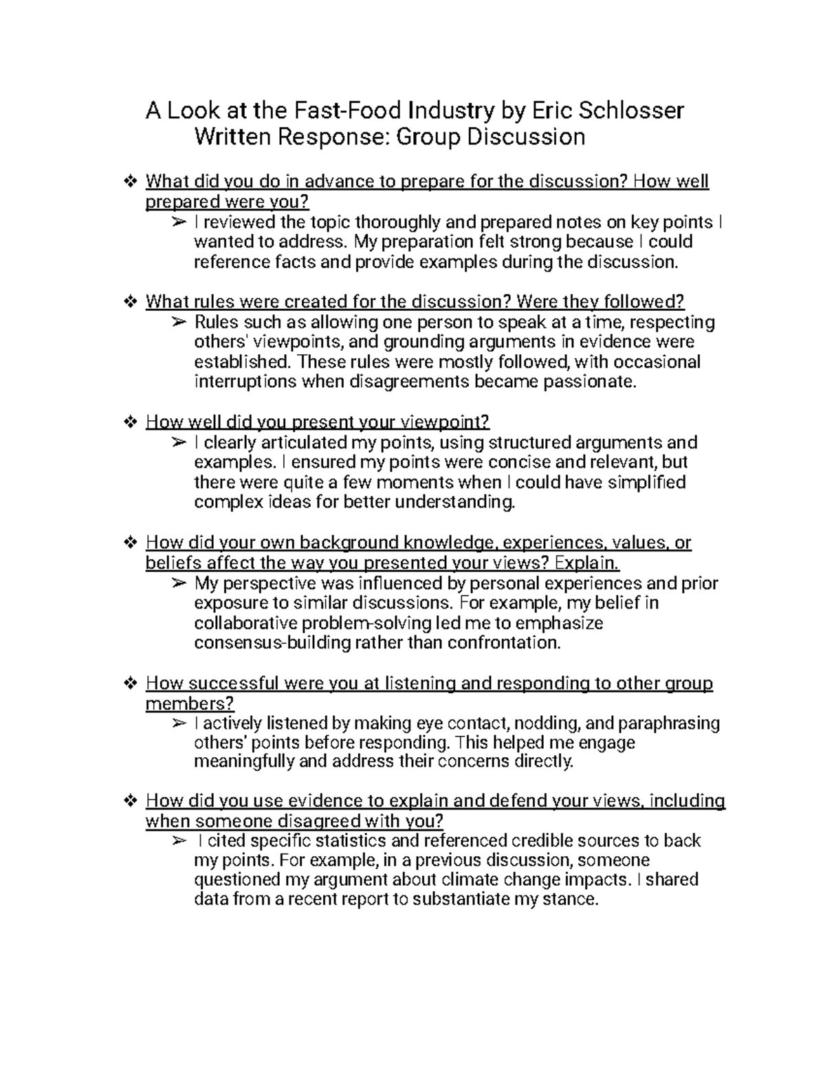 Group Discussion Recap: A Look at the Fast-Food Industry Analysis - Studocu