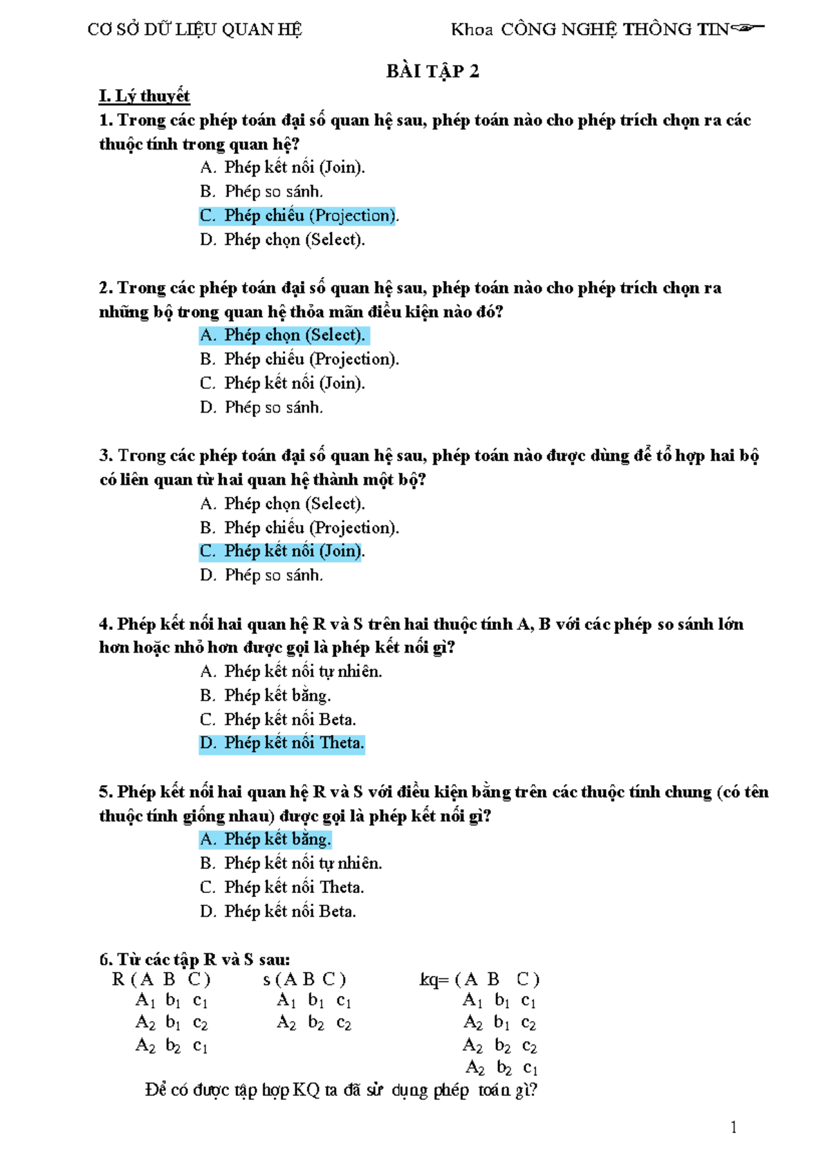 CSDL Bài Tập 2 - Đại Số Quan Hệ Trong SQL - Studocu