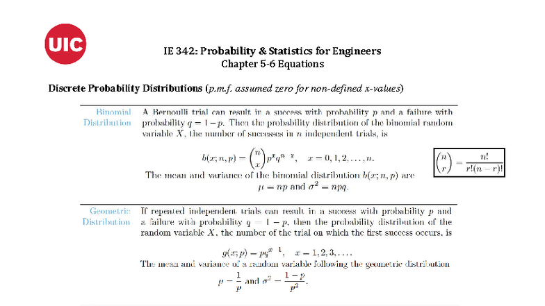 Exam 3 Equations - cheat sheet - IE 342 - IE 342: Probability ...