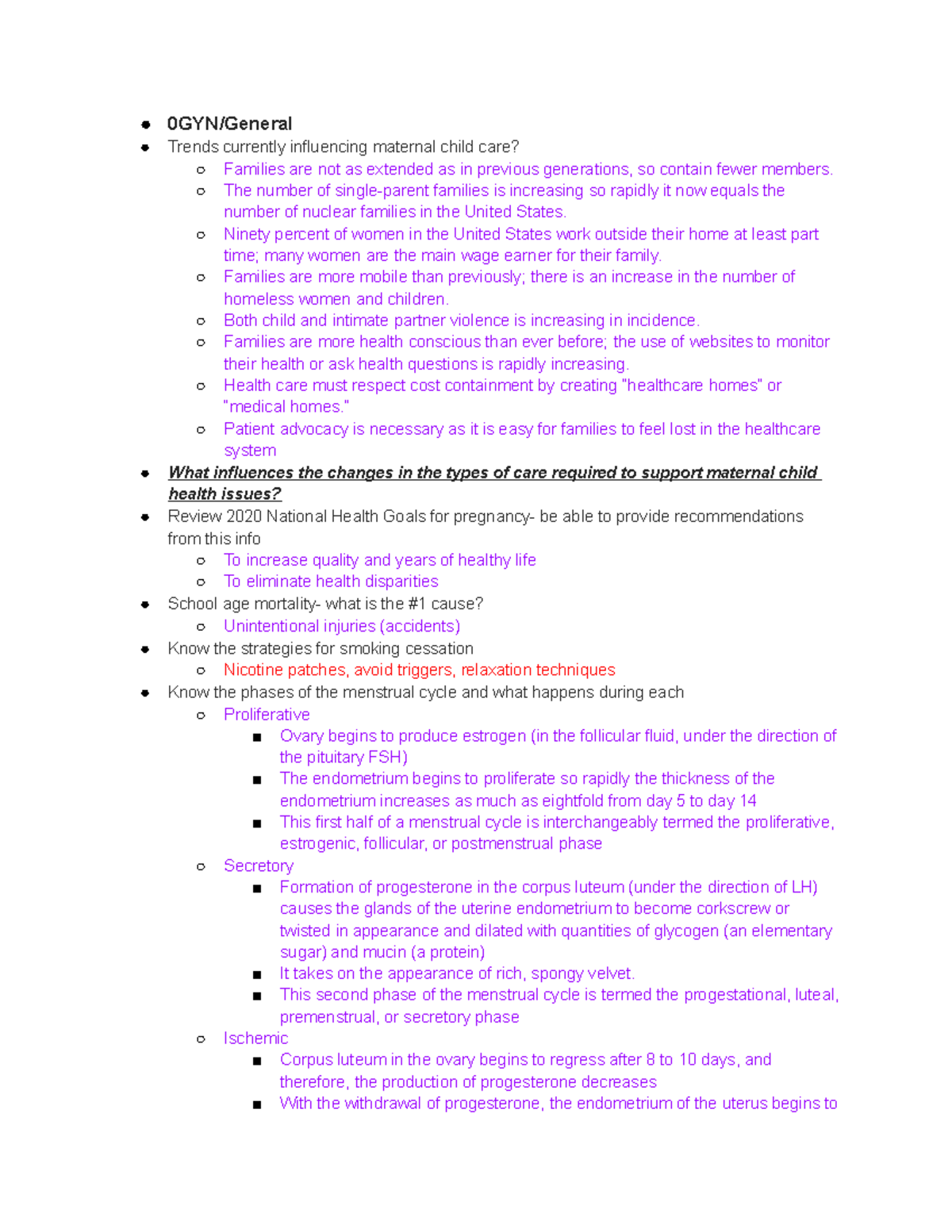 Maternal-Child Exam 1 - study guide - 0GYN/General Trends currently ...