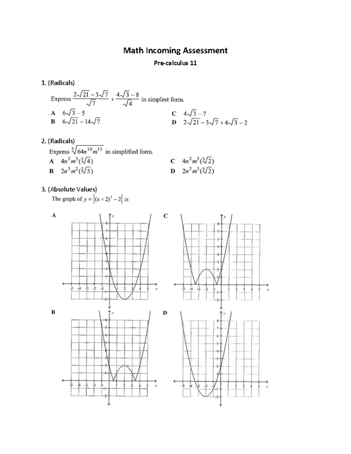 Grade 11 and 12 Pre-Calculus Assessment - Math Incoming Assessment Pre ...