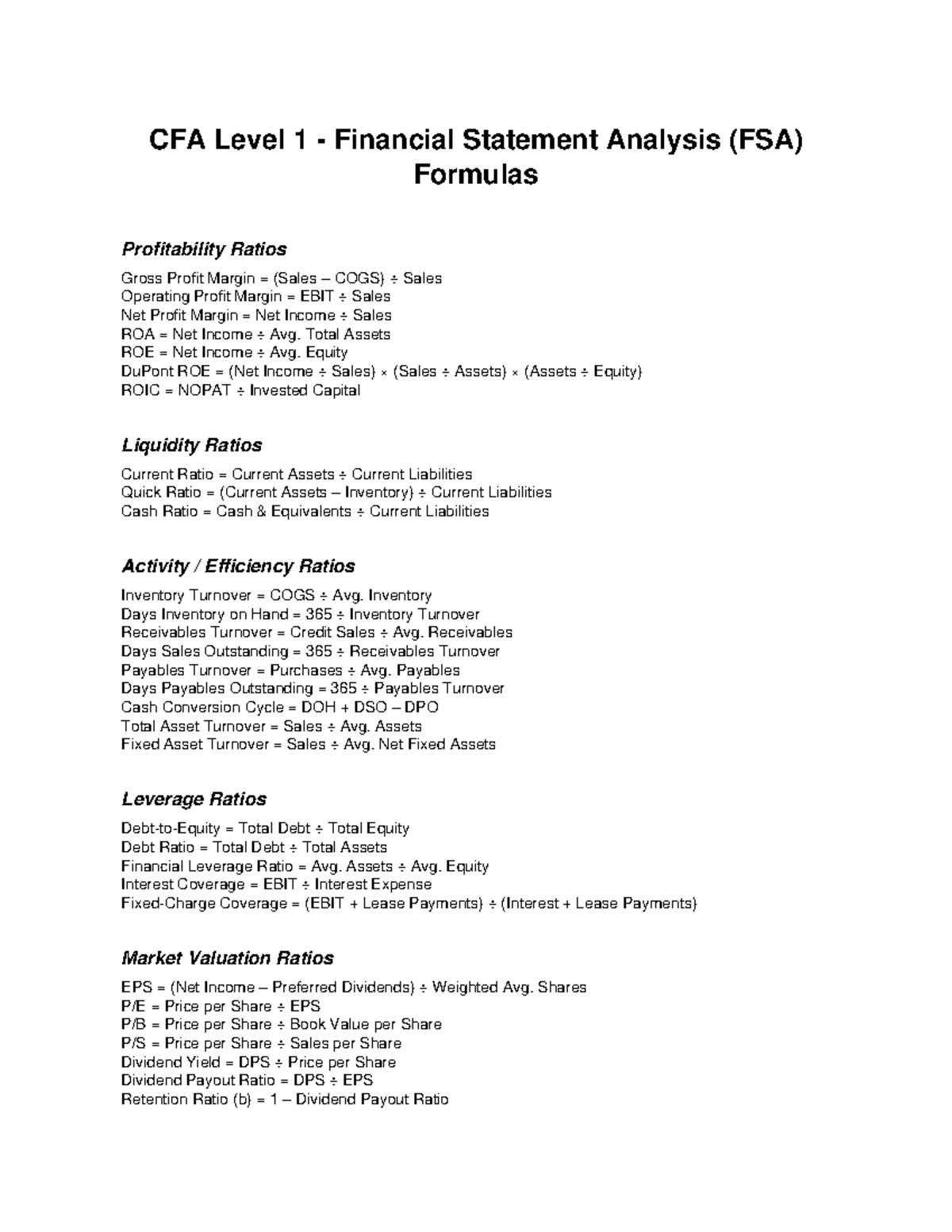 CFA L1 FSA Formulas: Key Ratios for Financial Analysis - Studocu