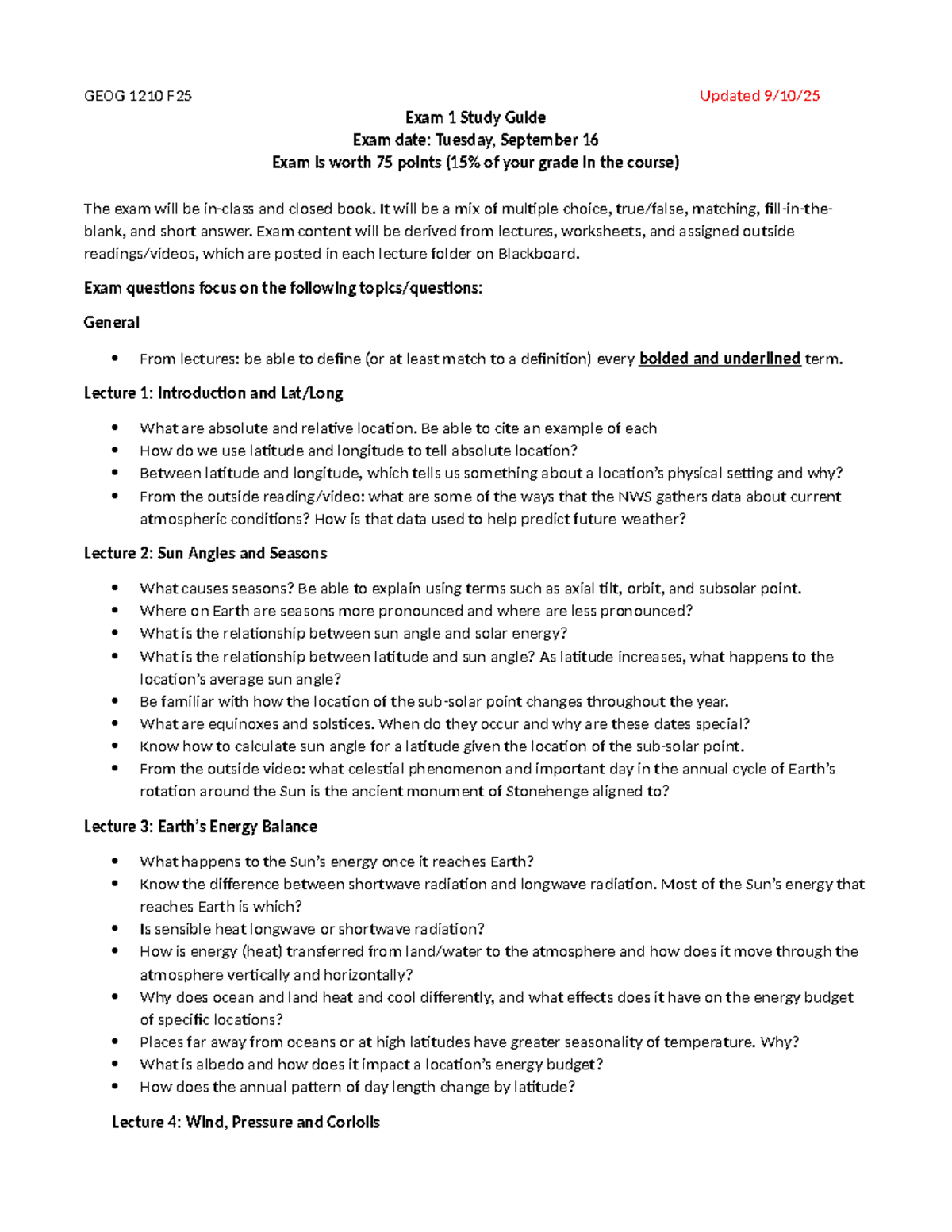 GEOG 1210 F25 Exam 1 Study Guide: Earth's Energy & Atmosphere ...