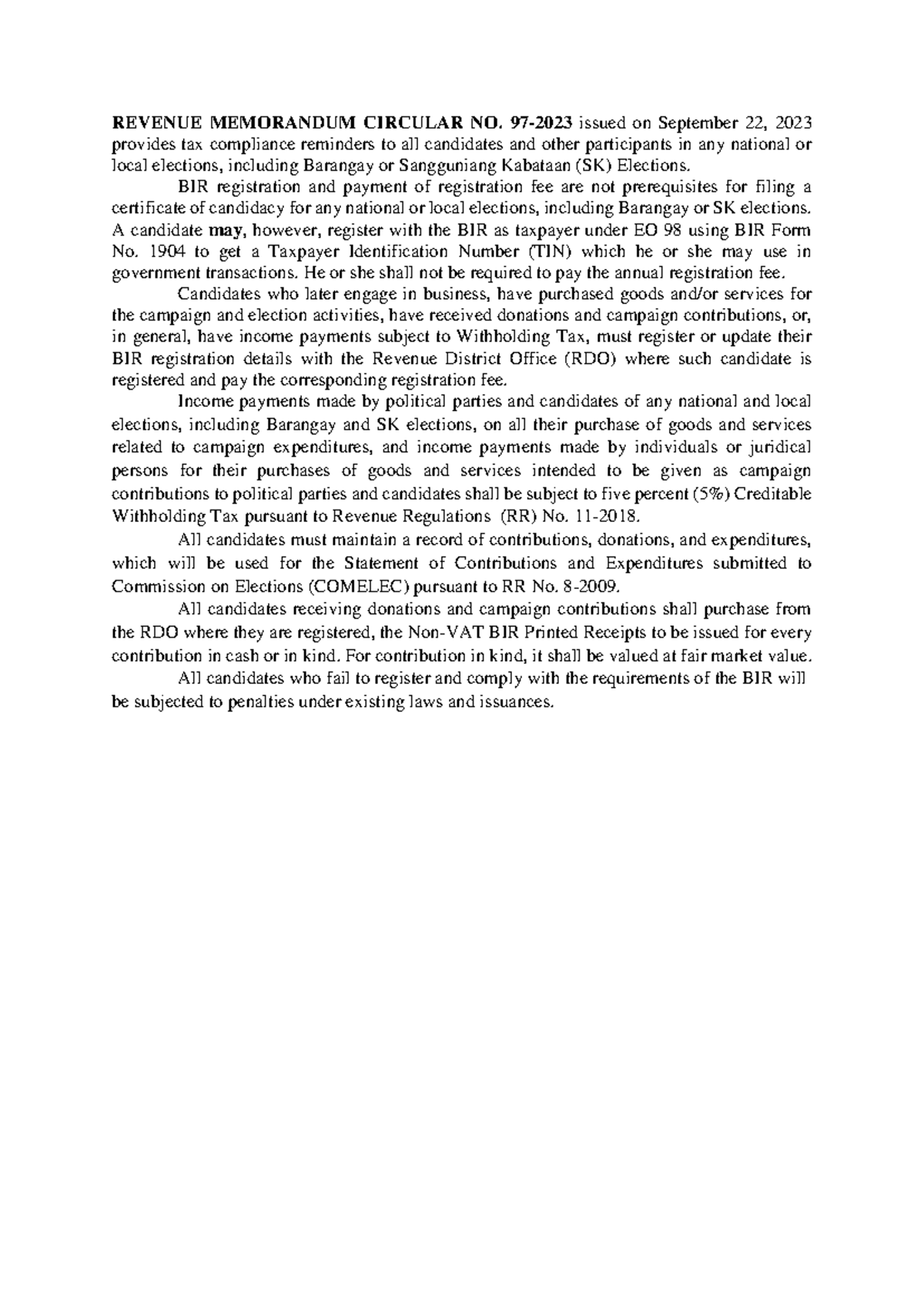 RMC No. 97-2023: Tax Compliance for Election Candidates - Studocu