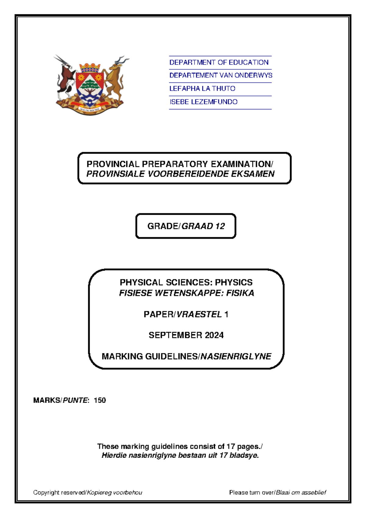 Grade 12 Physical Sciences P1 September 2024 Marking Guidelines - Studocu