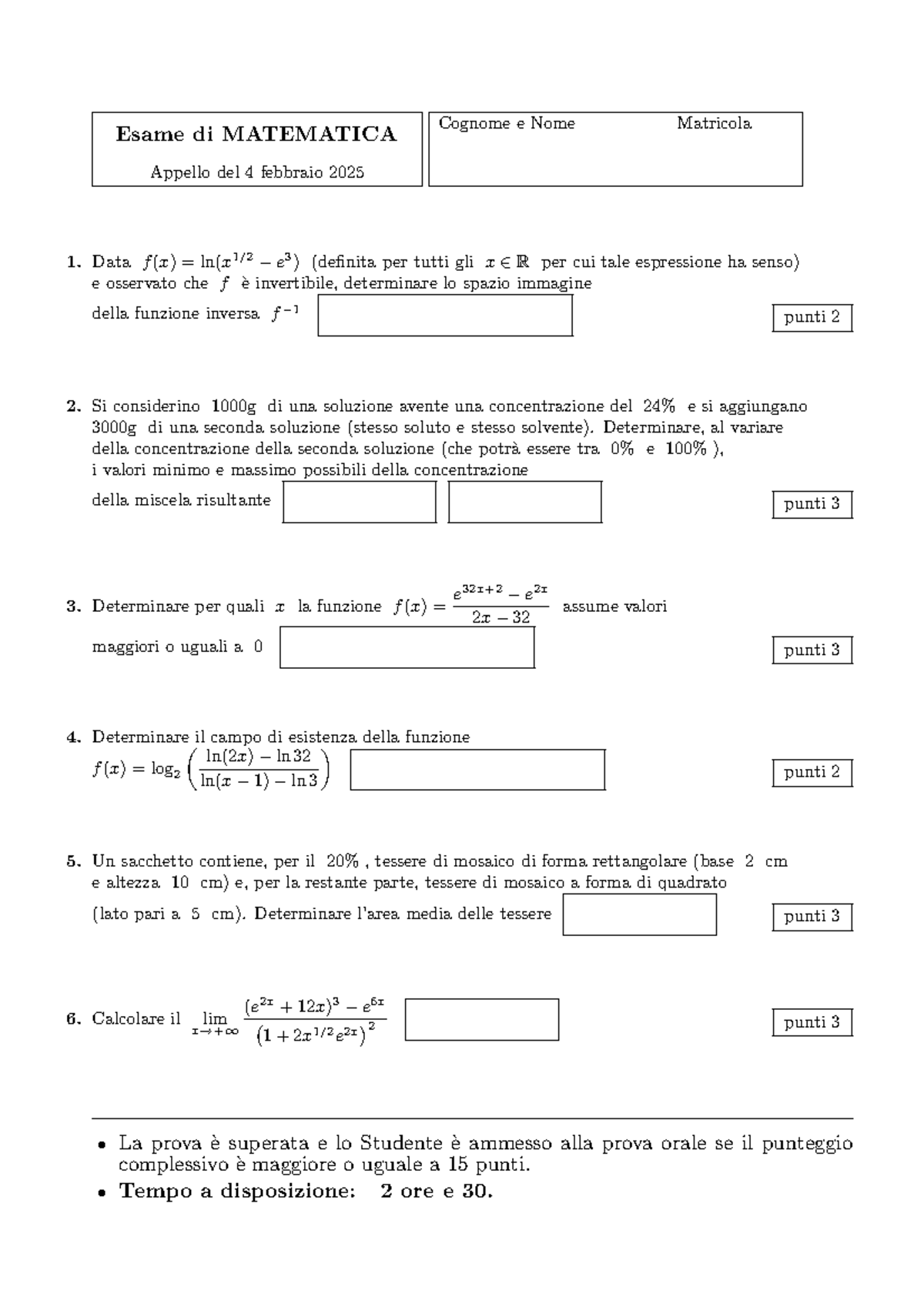 Esame di MATEMATICA - Bio-2025-02-04: Prova e Soluzioni - Studocu