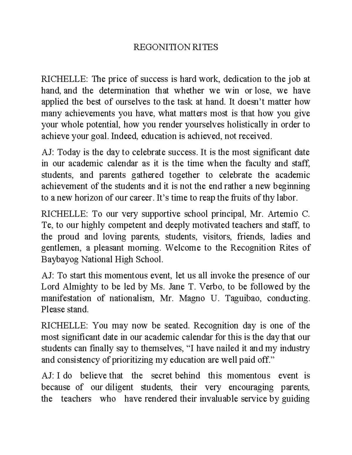 Regonition Rites Script SY 2023 - REGONITION RITES RICHELLE: The price ...