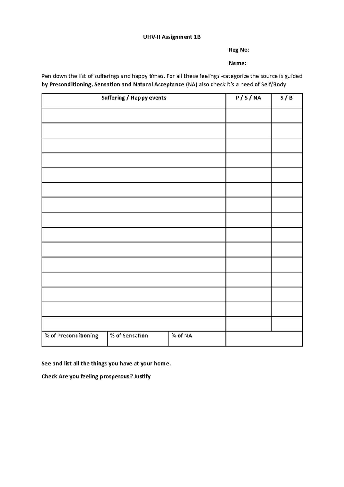 UHV Assignment 1B - SDVF - UHV-II: Universal Human Values - UHV-II Assignment 1B Reg No: Name ...