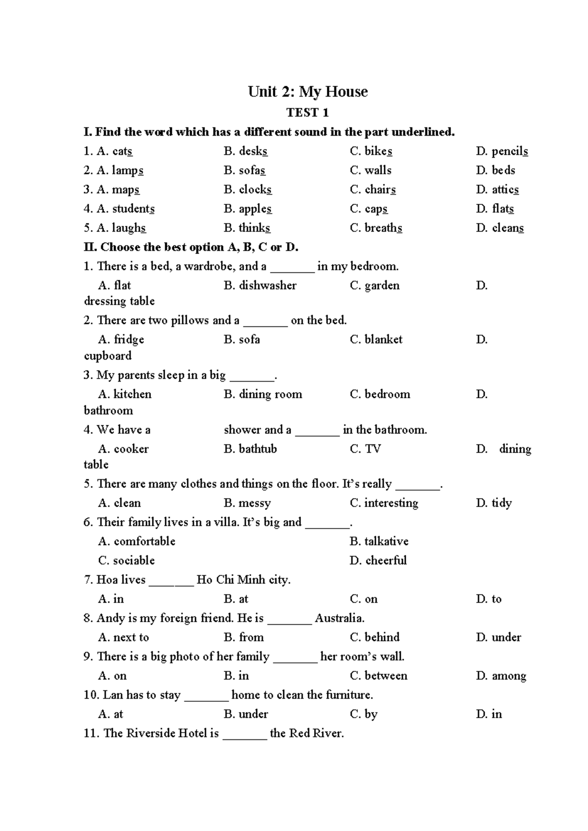 Unit 2: My House Test - Listening & Vocabulary Exercises - Studocu