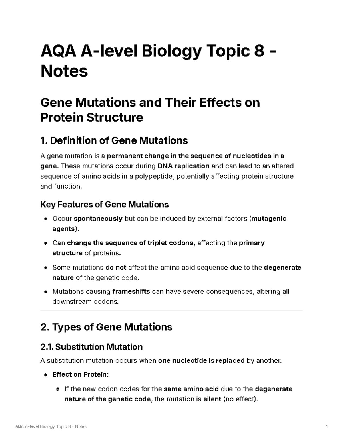 AQA A-level Biology Topic 8 - Gene Mutations and Protein Structure ...