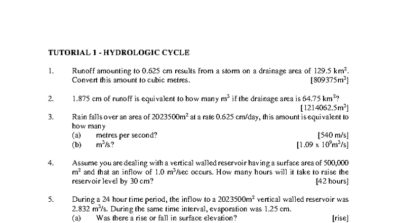Tutorial 1: Hydrologic Cycle Calculations and Analysis - Studocu