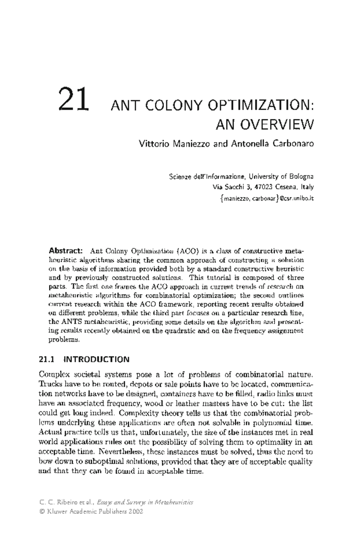 21 ANT COLONY OPTIMIZATION: ACO overview and applications - Studocu