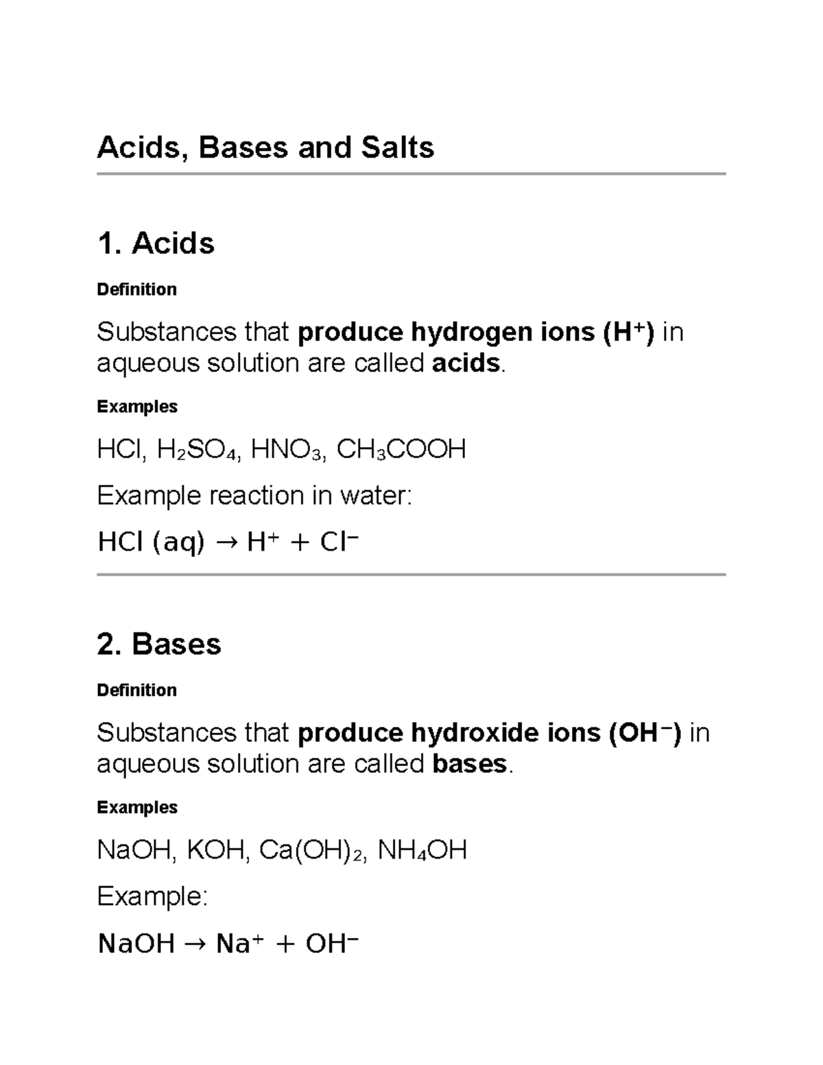 Acids, Bases, and Salts: Comprehensive Study Notes for NCERT - Studocu