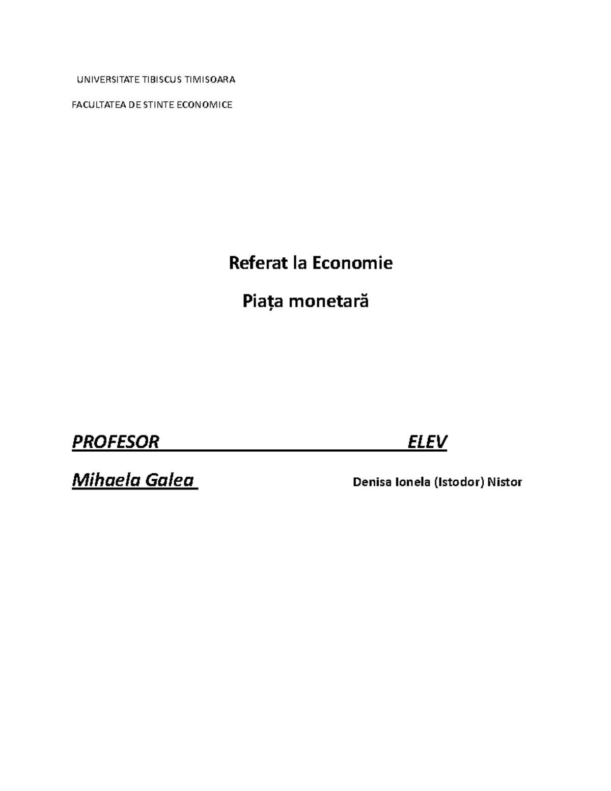 Referat la Economie Piata monetara - UNIVERSITATE TIBISCUS TIMISOARA ...
