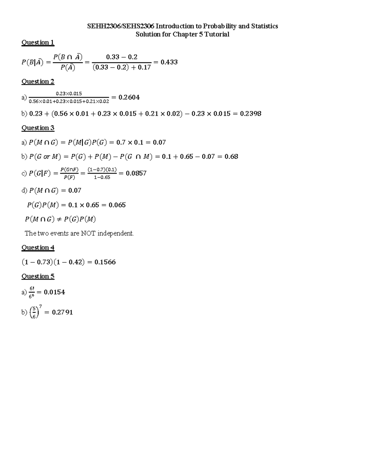 Ch5 Tutorial Solutions for Probability & Statistics - Studocu