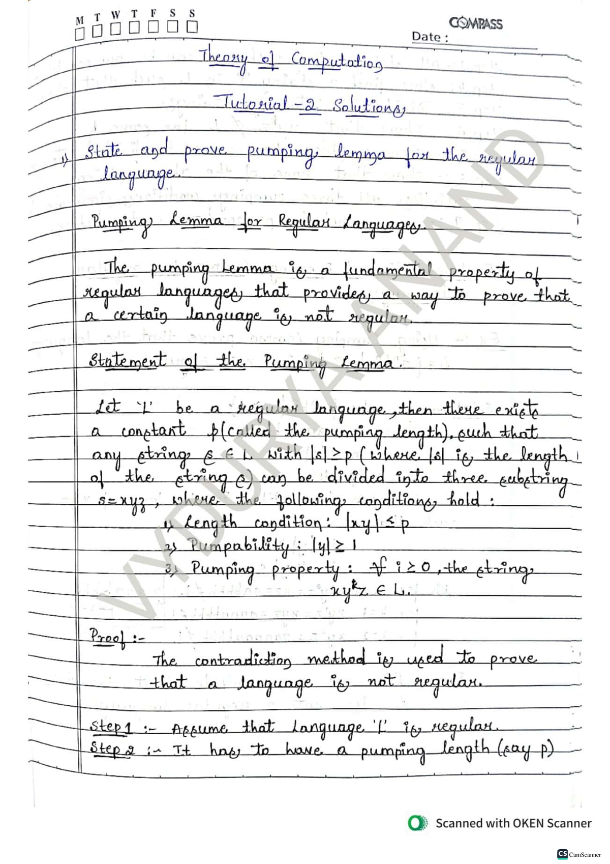 TOC COMPASS: Pumping Lemma for Regular Languages Solutions - Studocu