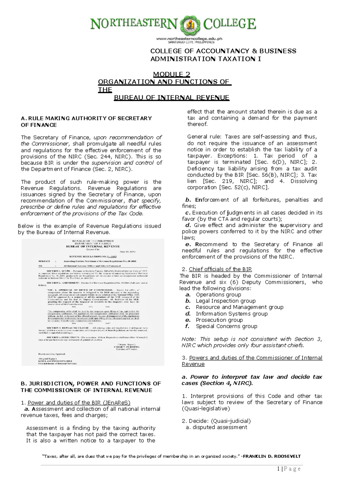 Organization and Functions of the BIR: Taxation I Module 2 - BIR889 ...