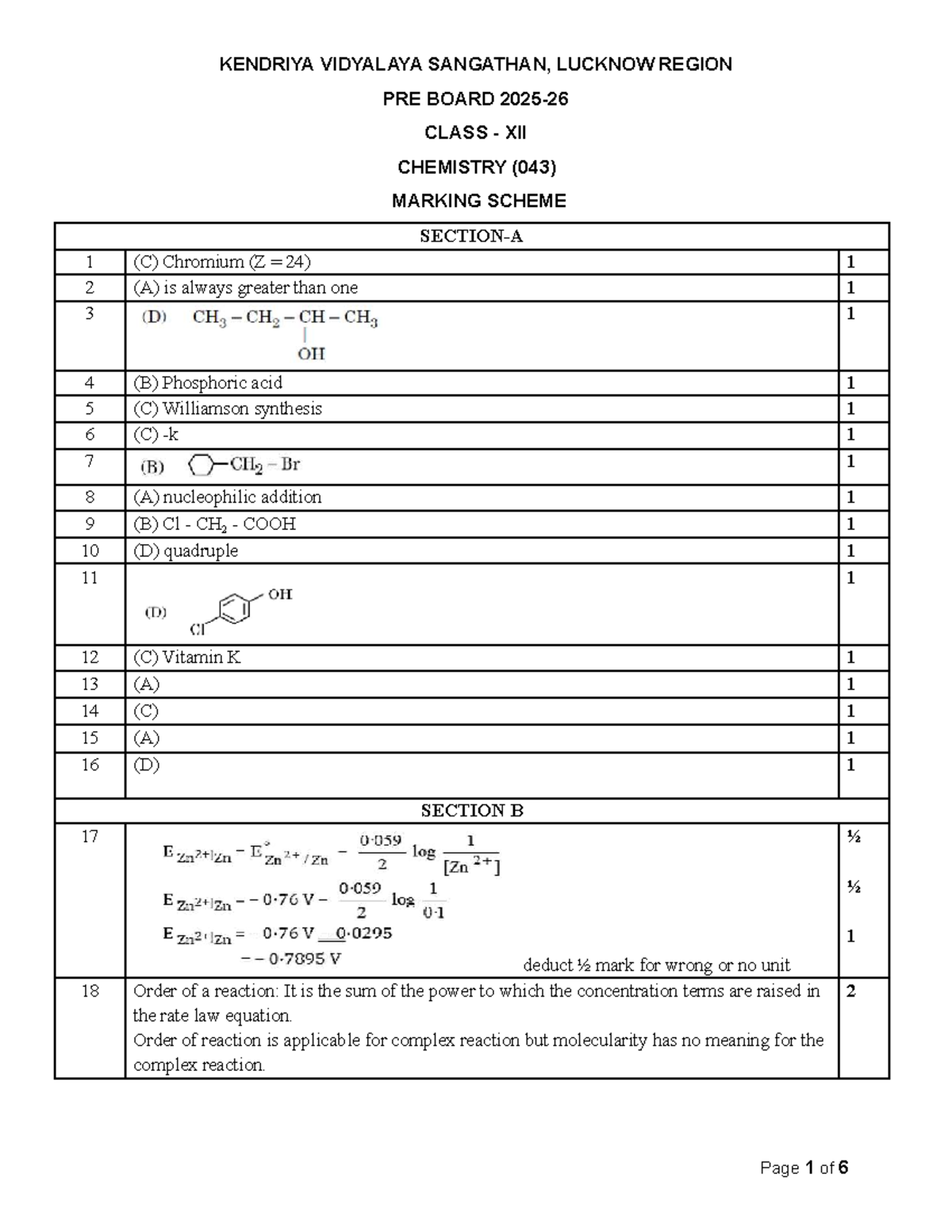 KVS Lucknow Region Class XII Chemistry (043) Pre-Board Marking Scheme ...