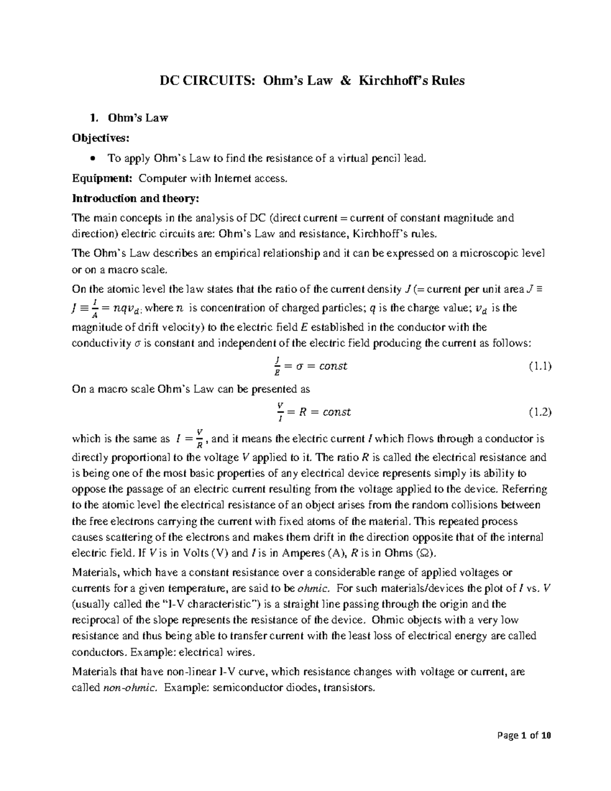 DC Circuits - Ohm's Law & Kirchhoff's Rules Overview for Lab Report ...