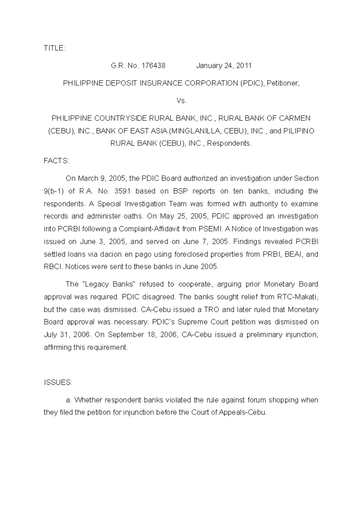 G.R. No. 176438 and G.R. No. 228807 case digests on PDIC rulings - Studocu
