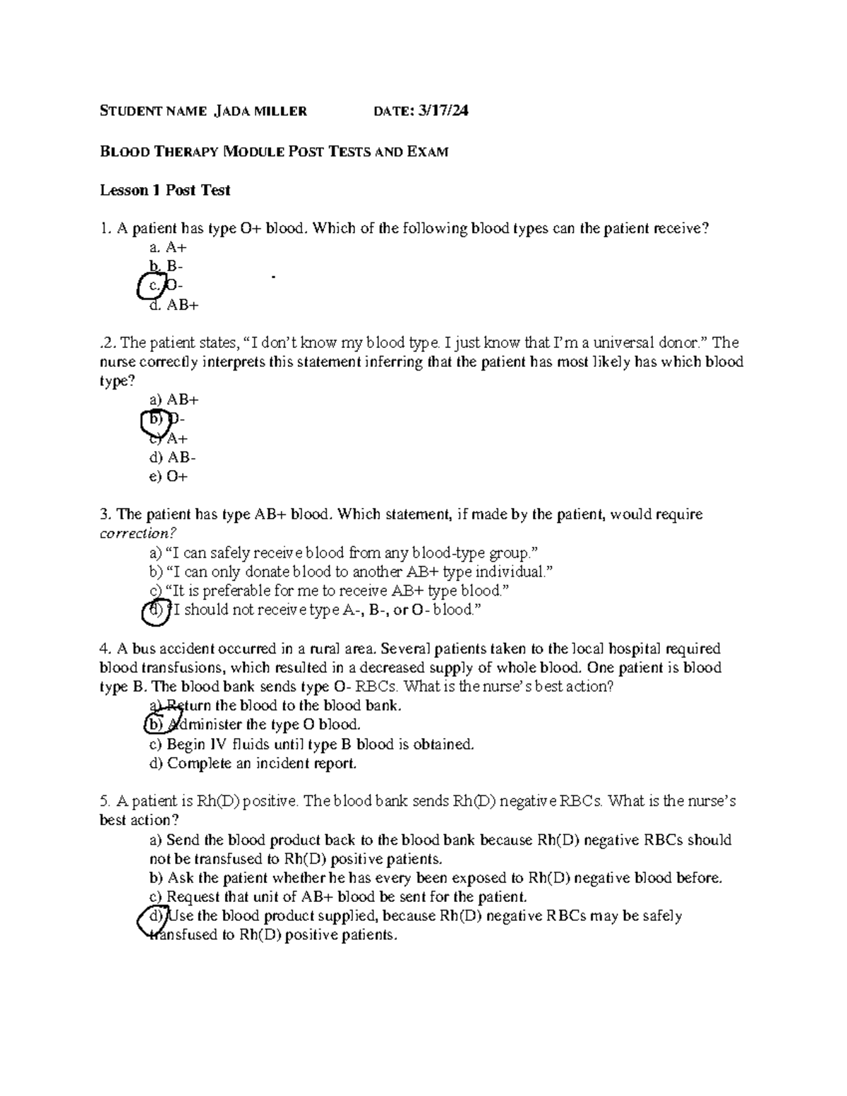 Blood Therapy Module Post Test (Course Code: BTM-2023) - Studocu