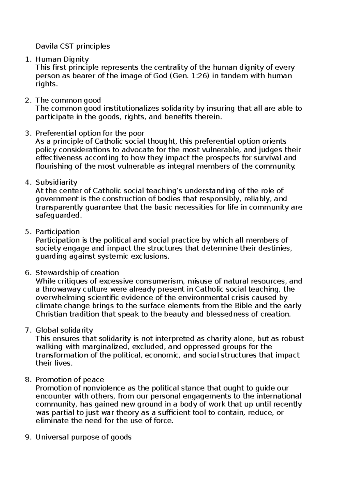 CST Principles: Insights on Human Dignity and Common Good - Studocu