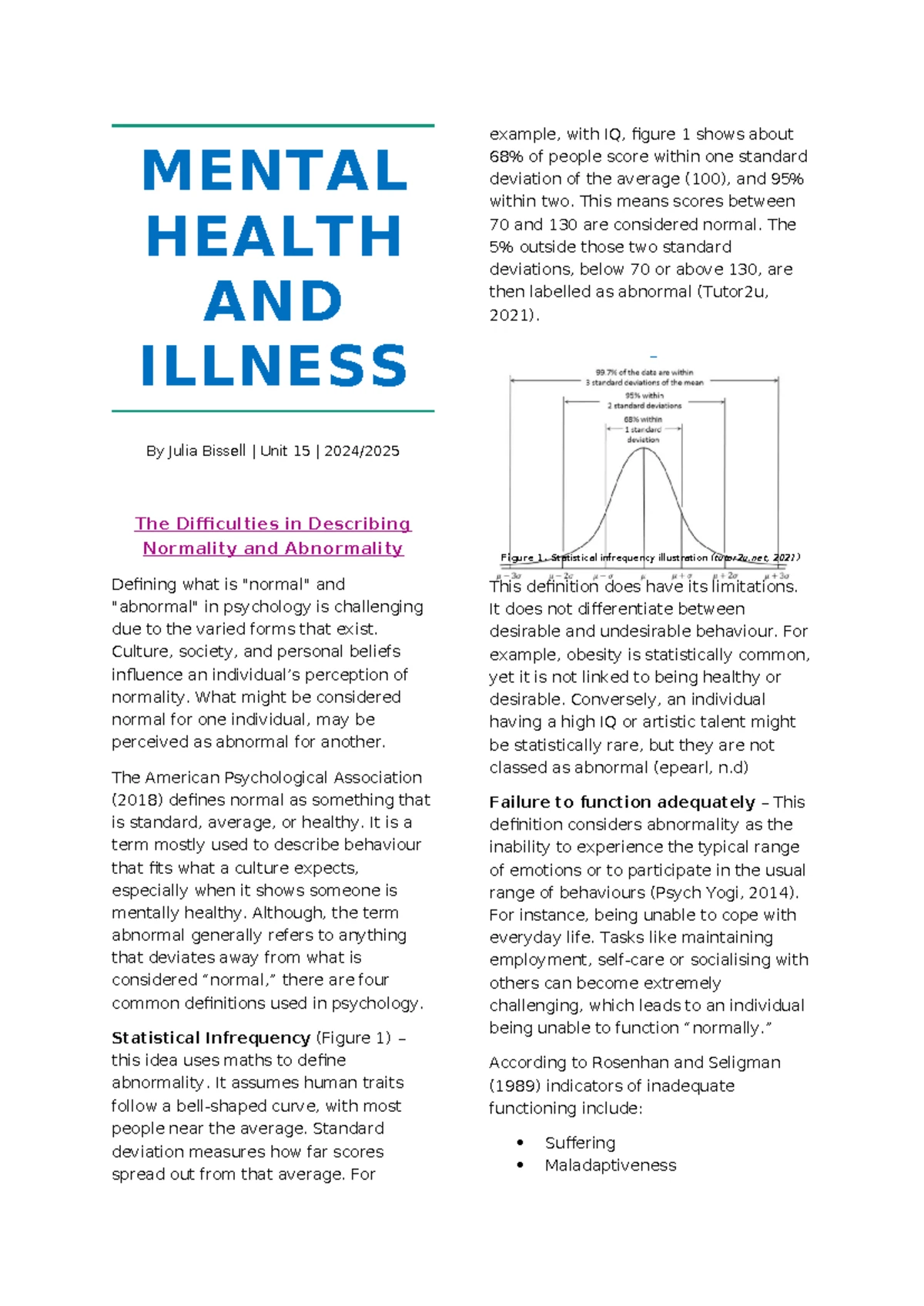 Unit 15: Mental Health & Illness - Exploring Normal vs Abnormal ...
