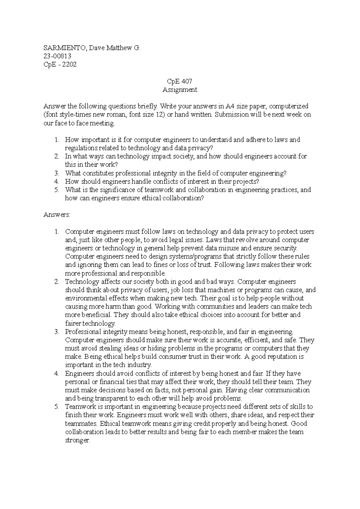 Sarmiento CpE 407 Assignment: Ethics in Computer Engineering Practices - Studocu