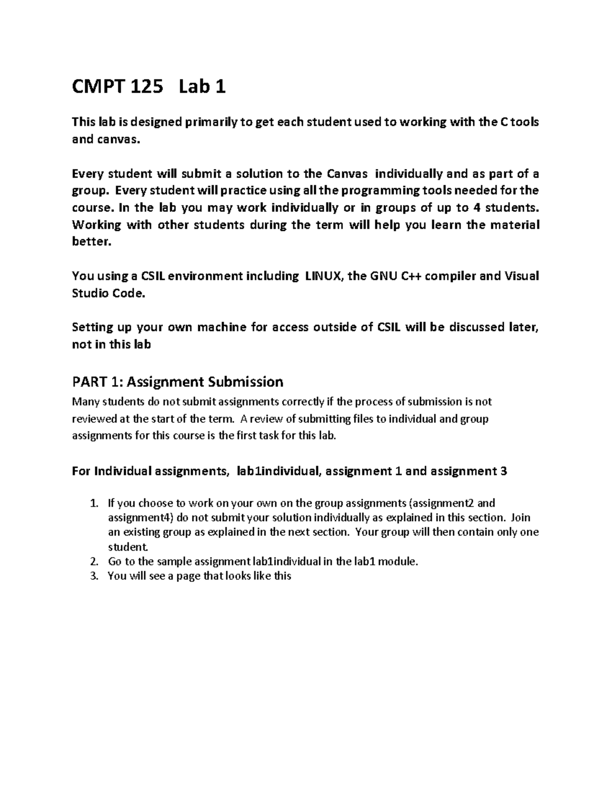 CMPT 125 Lab 1: Introduction to C Tools and Canvas Submission - Studocu