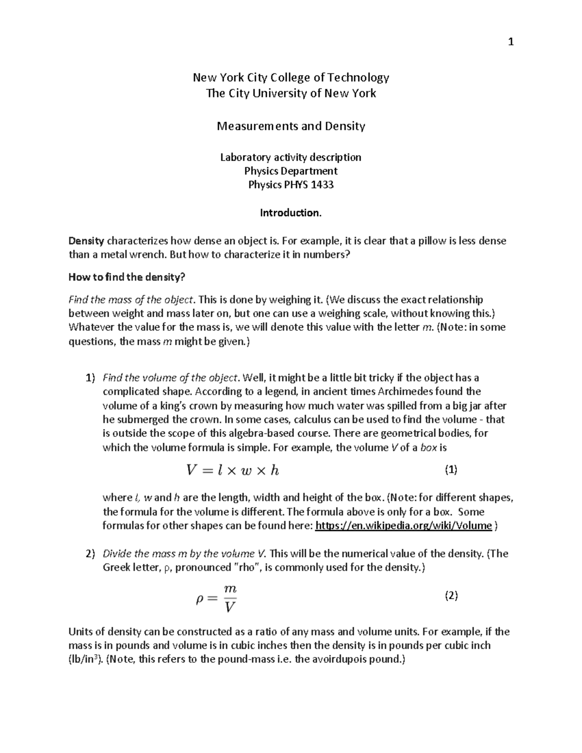 Density Lab Report for PHYS 1433: Measurements and Analysis - Studocu