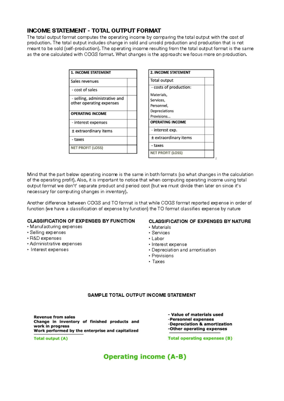 Total Output Income Statement Analysis: COGS vs. TO Format - Studocu
