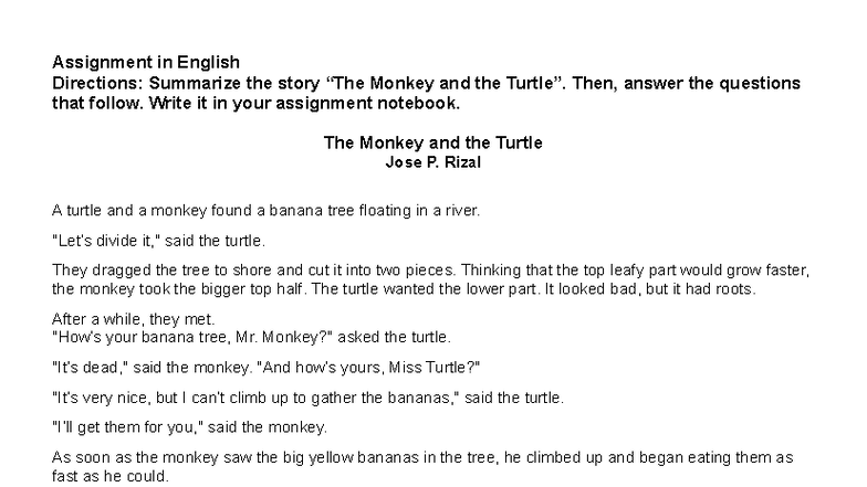 ENG101: Summary and Analysis of "The Monkey and the Turtle" - Studocu